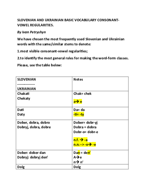(DOC) SLOVENIAN AND UKRAINIAN BASIC VOCABULARY CONSONANT-VOWEL REGULARITIES