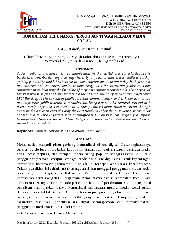(DOC) Komunikasi Kehumasan Perguruan Tinggi melalui Media Sosial | Dudi ...