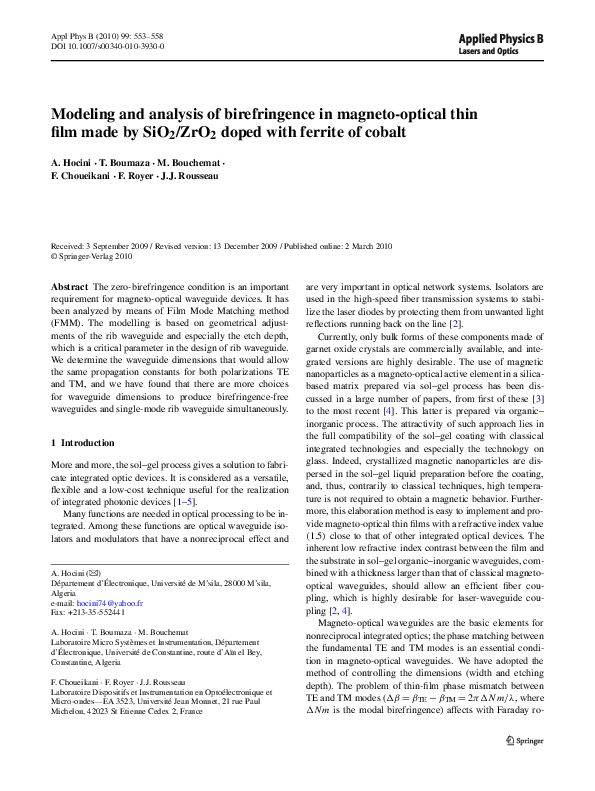 (PDF) Modeling and analysis of birefringence in magneto-optical thin film made by SiO2/ZrO2 ...