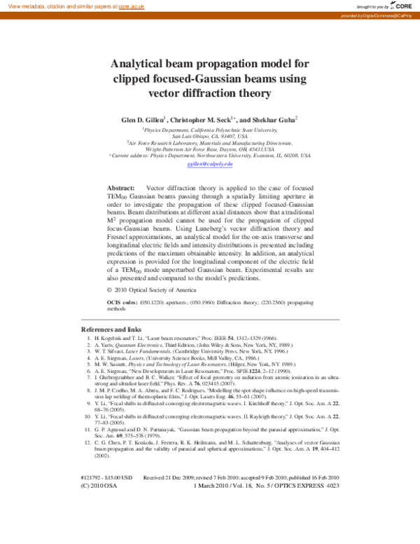Pdf Analytical Beam Propagation Model For Clipped Focused Gaussian Beams Using Vector