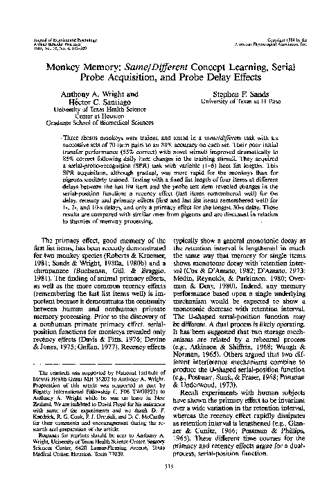 (PDF) Monkey memory: Same/different concept learning, serial probe acquisition, and probe delay ...