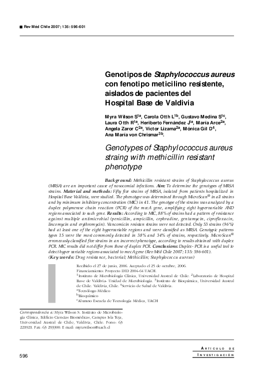 (PDF) Genotipos de Staphylococcus aureus con fenotipo meticilino resistente, aislados de ...