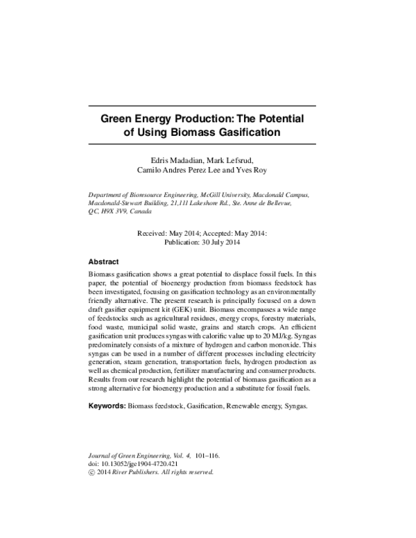 (PDF) Green Energy Production:The Potential of Using Biomass Gasification