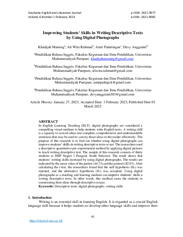 (PDF) Improving Students’ Skills in Writing Descriptive Texts by Using ...