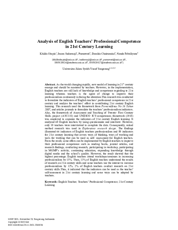 (PDF) Analysis of English Teachers’ Professional Competence in 21st Century Learning | Purnawati ...