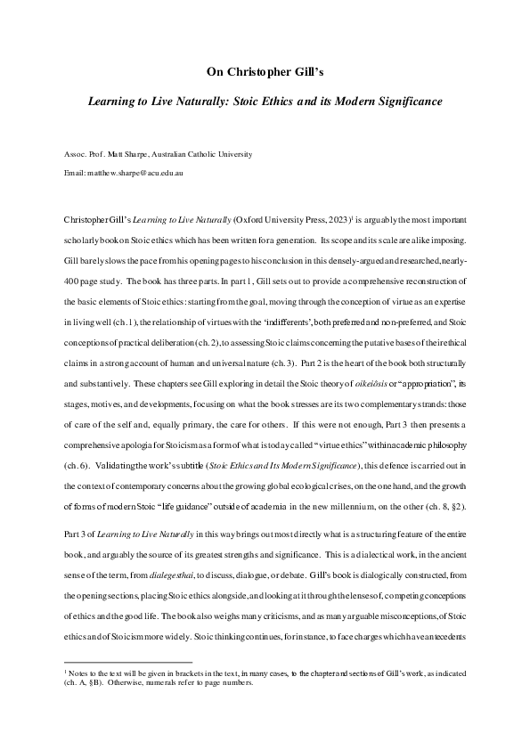 (PDF) On Christopher Gill's Learning to Live Naturally: Stoic Ethics ...