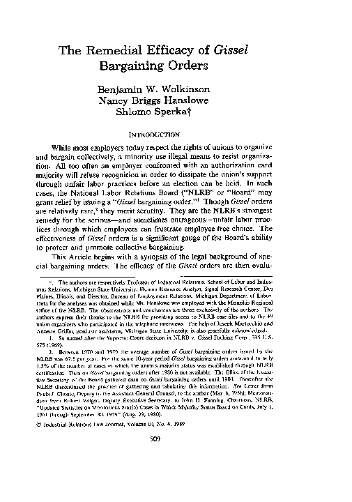 (PDF) The Remedial Efficacy of Gissel Bargaining Orders