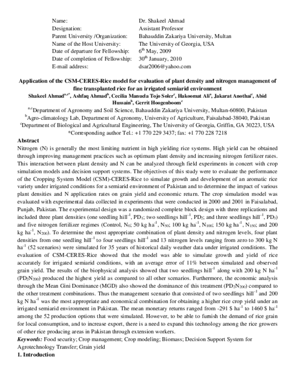 (PDF) Application of the CSM-CERES-Rice model for evaluation of plant ...
