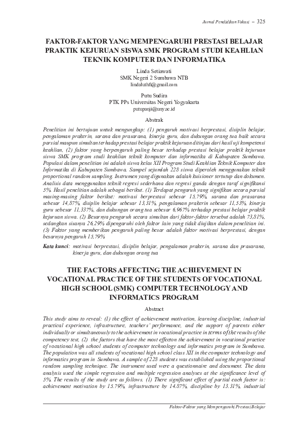 (PDF) Faktor-Faktor Yang Mempengaruhi Prestasi Belajar Praktik Kejuruan Siswa SMK Program Studi ...