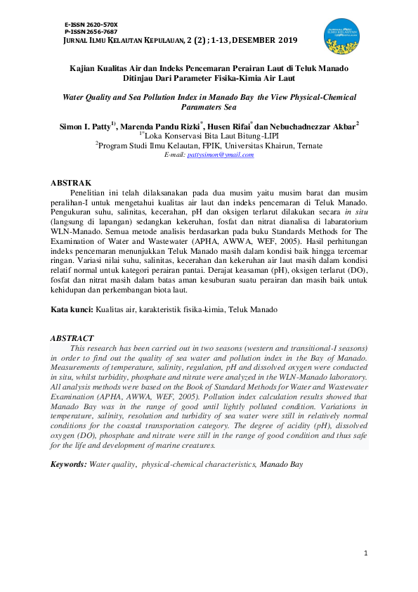 (PDF) Kajian Kualitas Air dan Indeks Pencemaran Perairan Laut di Teluk ...