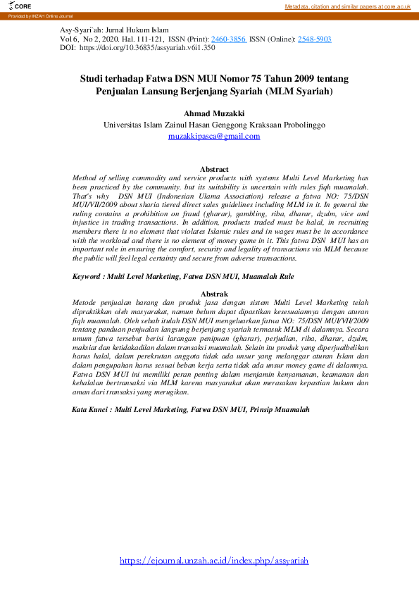 (PDF) Studi terhadap Fatwa DSN MUI Nomor 75 Tahun 2009 tentang Penjualan Lansung Berjenjang ...