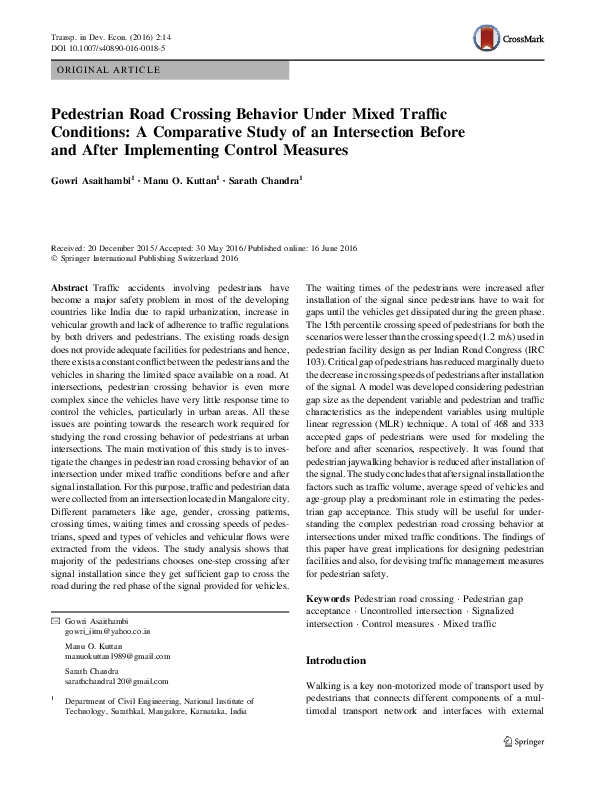 (PDF) Pedestrian Road Crossing Behavior Under Mixed Traffic Conditions: A Comparative Study of ...