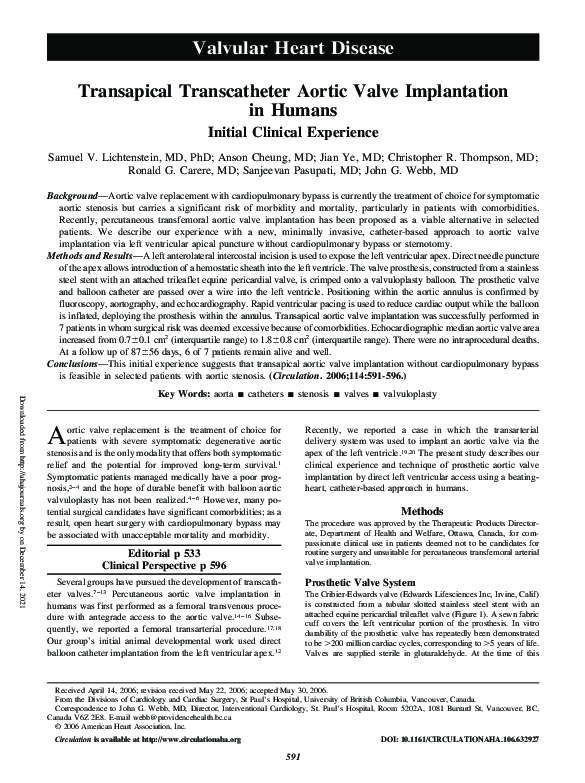(PDF) Transapical Transcatheter Aortic Valve Implantation in Humans