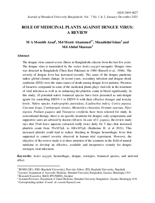 (PDF) ROLE OF MEDICINAL PLANTS AGAINST DENGUE VIRUS: A REVIEW