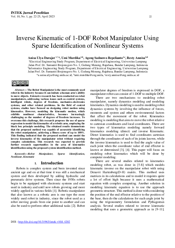 (PDF) Inverse Kinematic of 1-DOF Robot Manipulator Using Sparse Identification of Nonlinear System