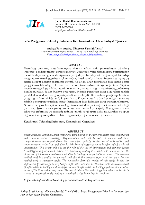 (PDF) Peran Penggunaan Teknologi Informasi dan Komunikasi dalam Budaya Organisasi