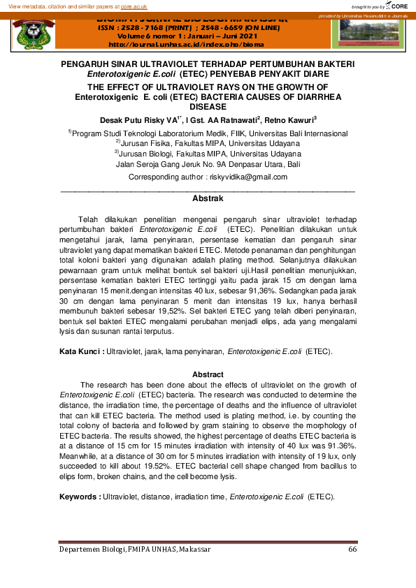 (PDF) PENGARUH SINAR ULTRAVIOLET TERHADAP PERTUMBUHAN BAKTERI Enterotoxigenic E.coli (ETEC ...