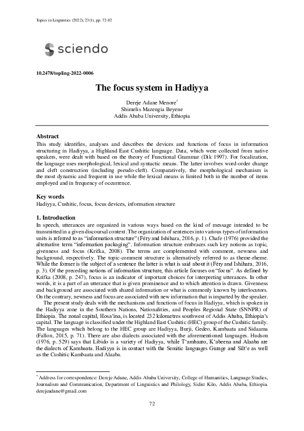 (PDF) Focus System Devices and Functions in Hadiyya Language