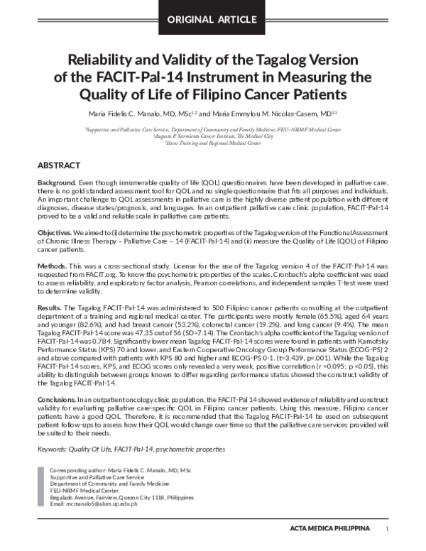 (PDF) Reliability and Validity of the Tagalog Version of the FACIT-Pal ...