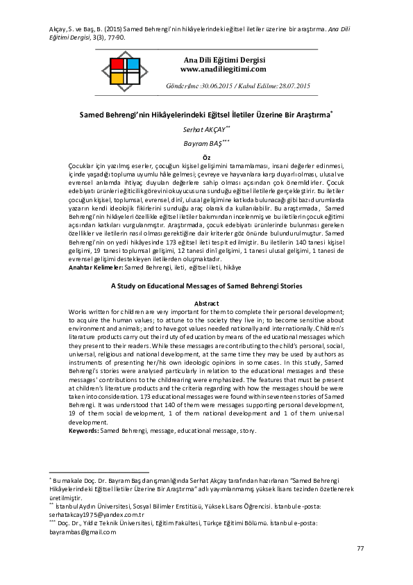 (PDF) Samet Behrengi'nin Hikâyelerindeki Eğitsel İletiler Üzerine Bir ...