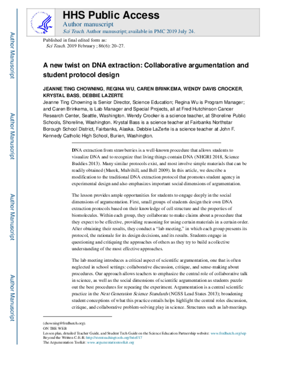 (PDF) A new twist on DNA extraction: Collaborative argumentation and ...