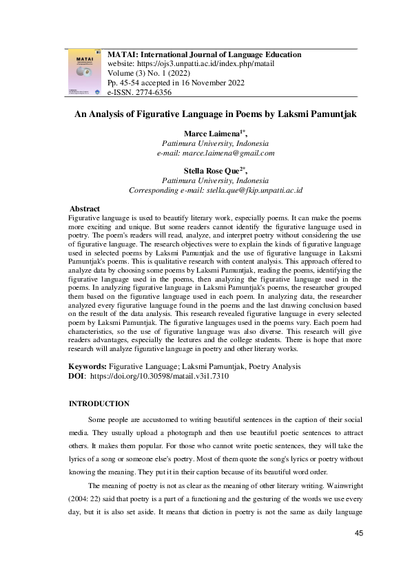 (PDF) An Analysis of Figurative Language in Poems by Laksmi Pamuntjak