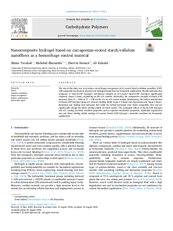 (PDF) Nanocomposite hydrogel based on carrageenan-coated starch/cellulose nanofibers as a ...
