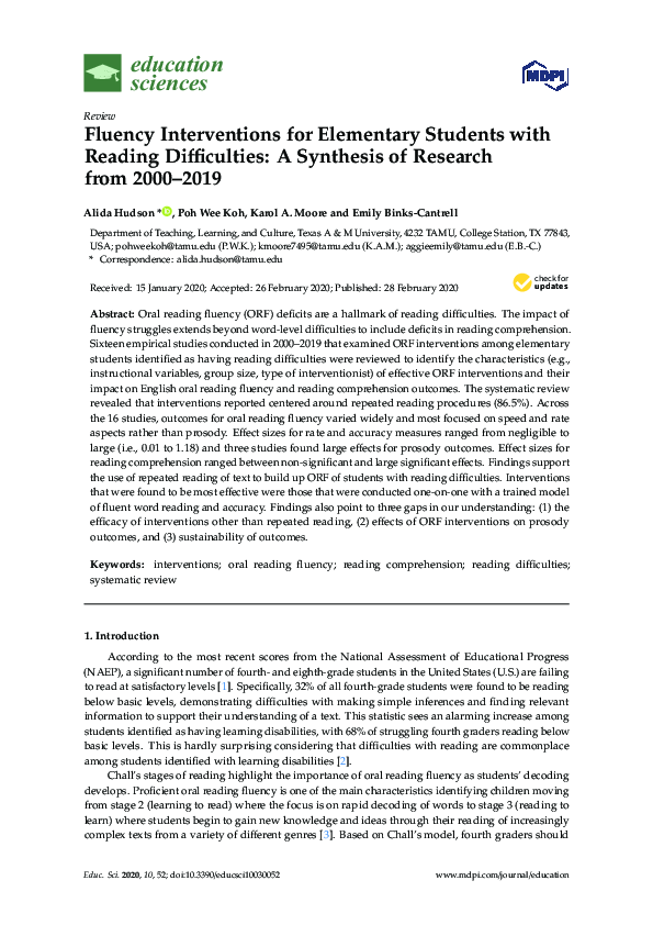 (PDF) Fluency Interventions for Elementary Students with Reading ...