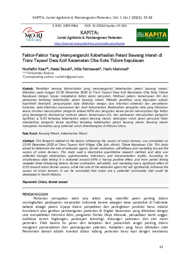 (PDF) Faktor-Faktor Yang Mempengaruhi Keberhasilan Petani Bawang Merah di Trans Tayawi Desa Koli ...
