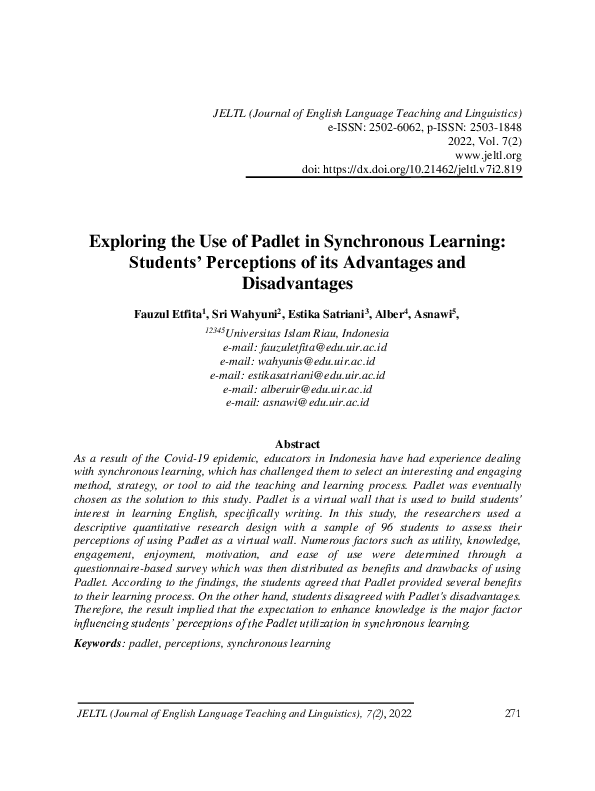 (PDF) Exploring the Use of Padlet in Synchronous Learning: Students’ Perceptions of its ...