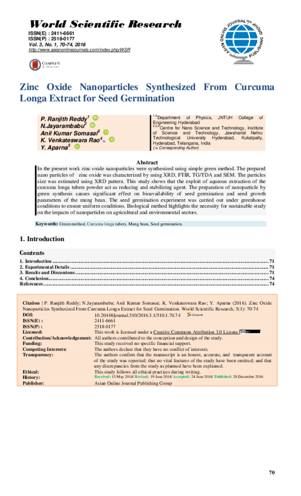 (PDF) Zinc Oxide Nanoparticles Synthesized From Curcuma Longa Extract for Seed Germination