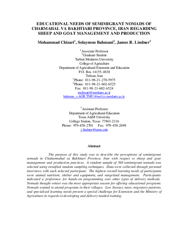 (PDF) Educational Needs of Semimigrant Nomads of Charmahal va Bakhtiari ...