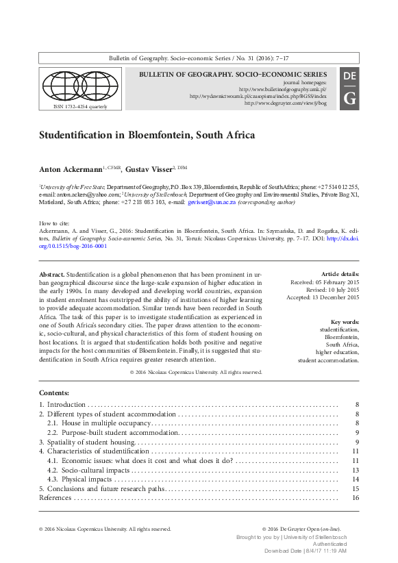 (PDF) Studentification in Bloemfontein, South Africa