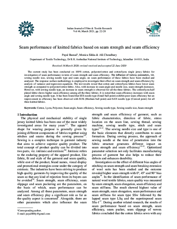 (PDF) Seam performance of knitted fabrics based on seam strength and ...
