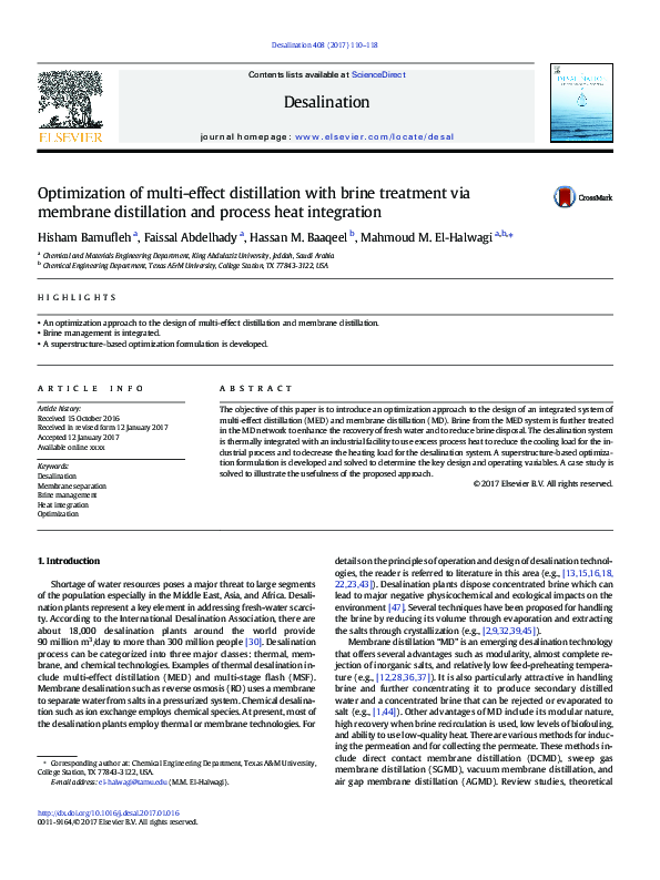 (PDF) Optimization of multi-effect distillation with brine treatment via membrane distillation ...