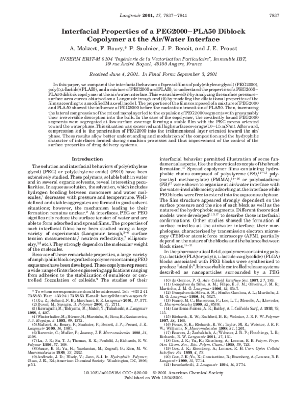 (PDF) Interfacial Properties of a PEG2000−PLA50 Diblock Copolymer at ...