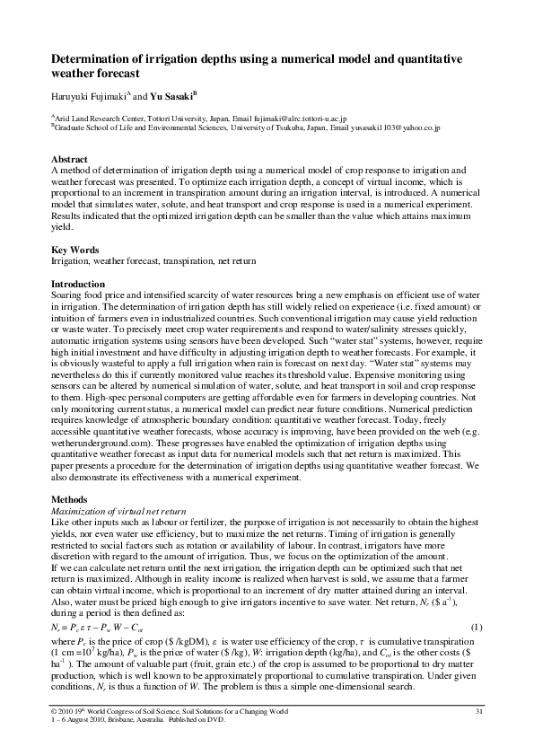 Pdf Determination Of Irrigation Depths Using A Numerical Model And Quantitative Weather