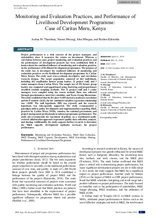 (PDF) Monitoring and Evaluation Practices, and Performance of Livelihood Development Programme ...
