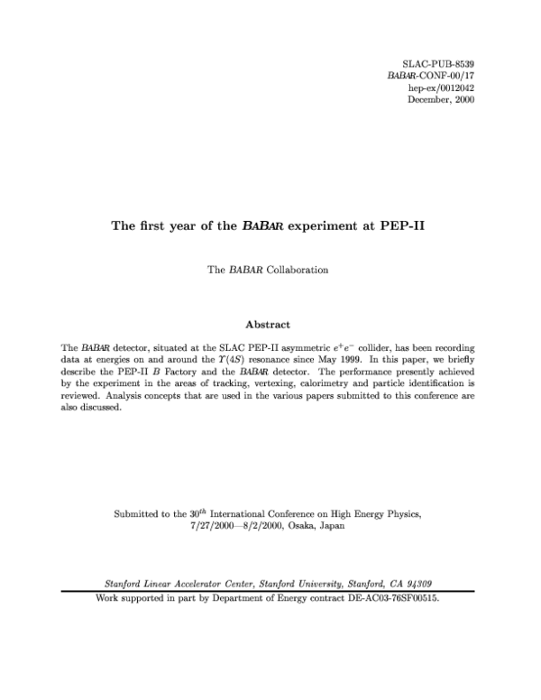(PDF) The First Year of the BABAR Experiment at PEP-II