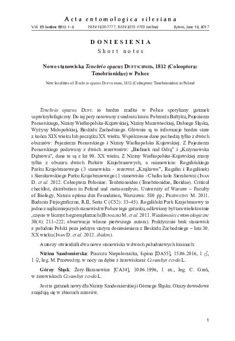 (PDF) Nowe Stanowiska Tenebrio Opacus Duftschmid, 1812 (Coleoptera ...