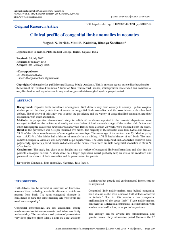 (PDF) Clinical profile of congenital limb anomalies in neonates