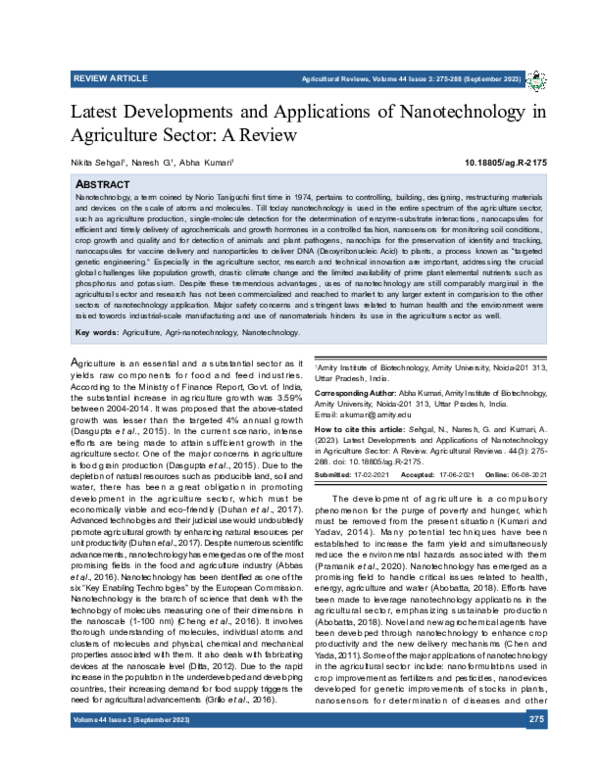 Pdf Latest Developments And Applications Of Nanotechnology In Agriculture Sector A Review 