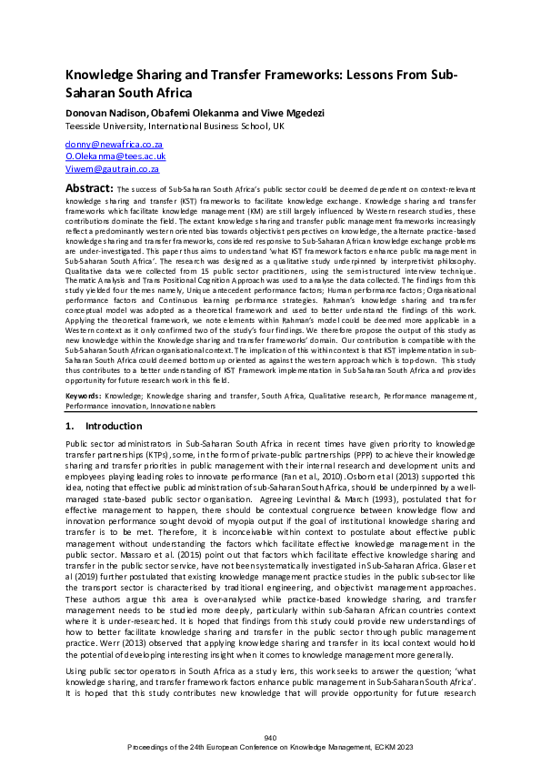 (PDF) Knowledge Sharing and Transfer Frameworks: Lessons from Sub-Saharan South Africa
