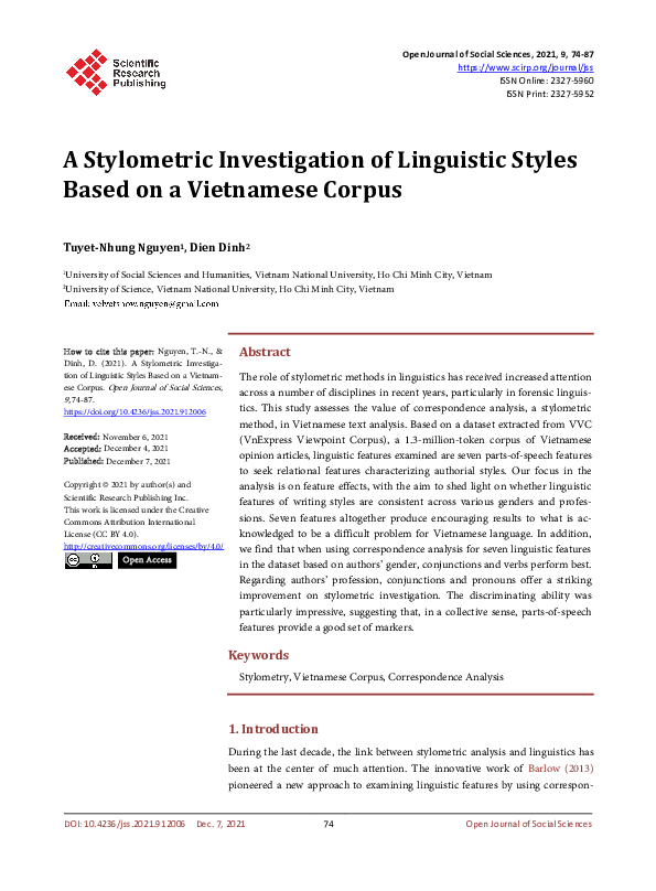 (PDF) Stylometric Analysis of Vietnamese Linguistic Styles