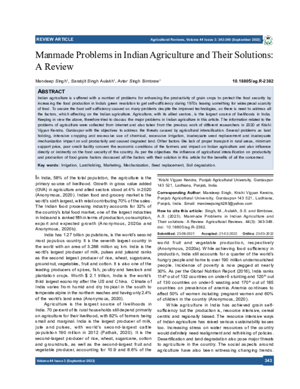 (PDF) Manmade Problems in Indian Agriculture and Their Solutions: A Review