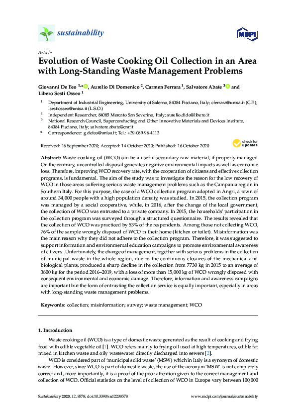 (PDF) Evolution of Waste Cooking Oil Collection in an Area with Long ...
