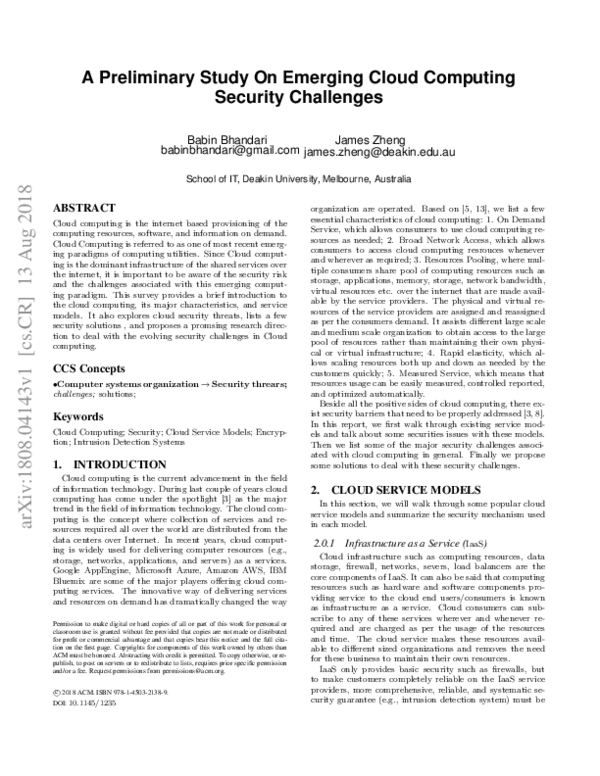 (PDF) A Preliminary Study On Emerging Cloud Computing Security Challenges
