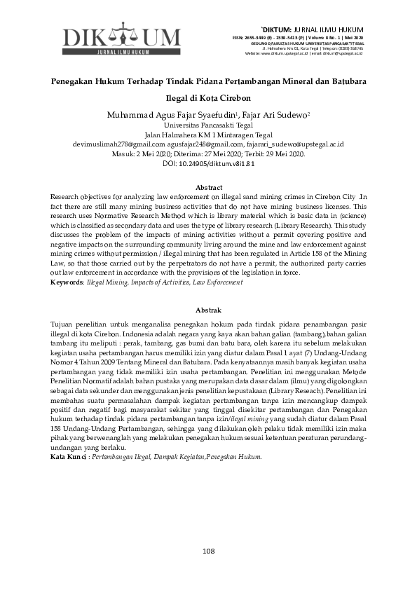 (PDF) Penegakan Hukum Terhadap Tindak Pidana Pertambangan Mineral dan Batubara Ilegal di Kota ...
