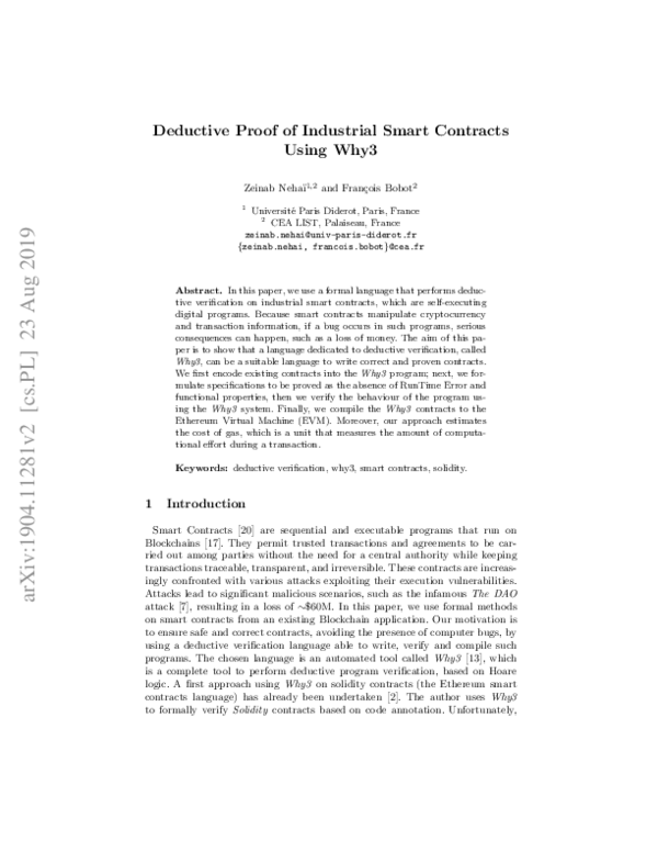 (PDF) Deductive Proof of Industrial Smart Contracts Using Why3 | Zeinab ...