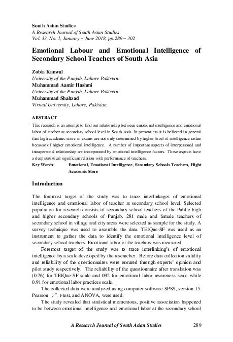 (PDF) Emotional Labour and Emotional Intelligence of Secondary School ...